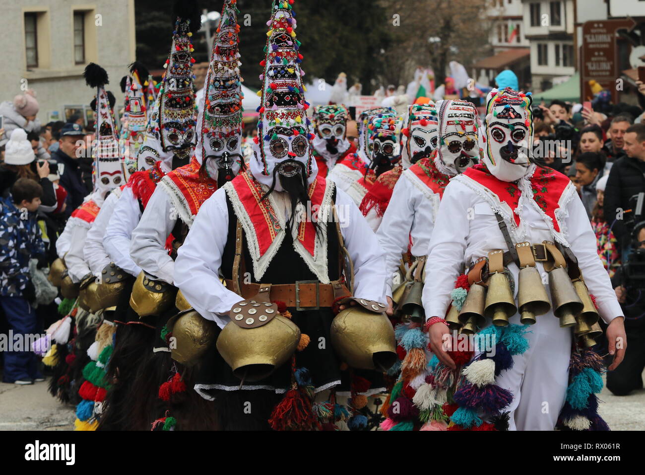 People in in traditional Kukeri costume are seen at the Festival of the ...