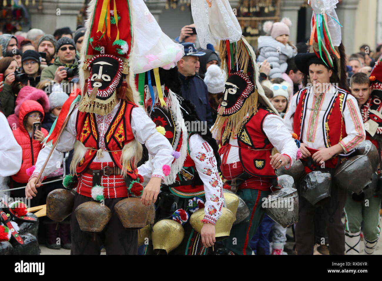 People in in traditional Kukeri costume are seen at the Festival of the ...