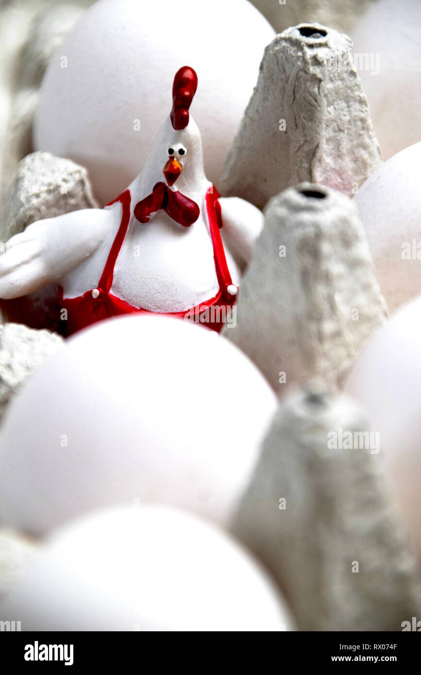 Easter rooster in a box of eggs Stock Photo - Alamy