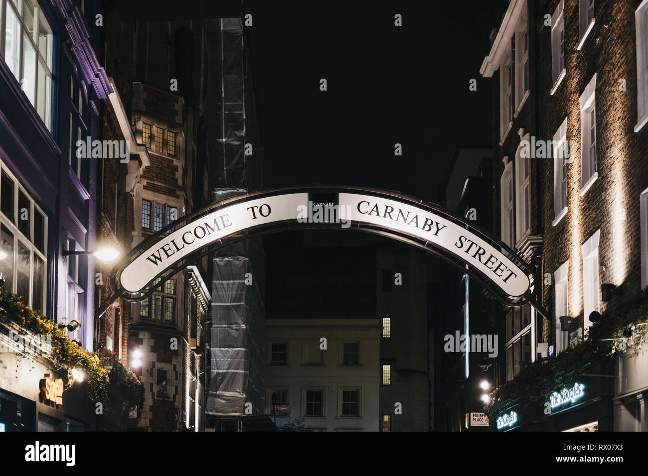 London, UK - March 6, 2019: Welcome to Carnaby Street Sign over Carnaby ...