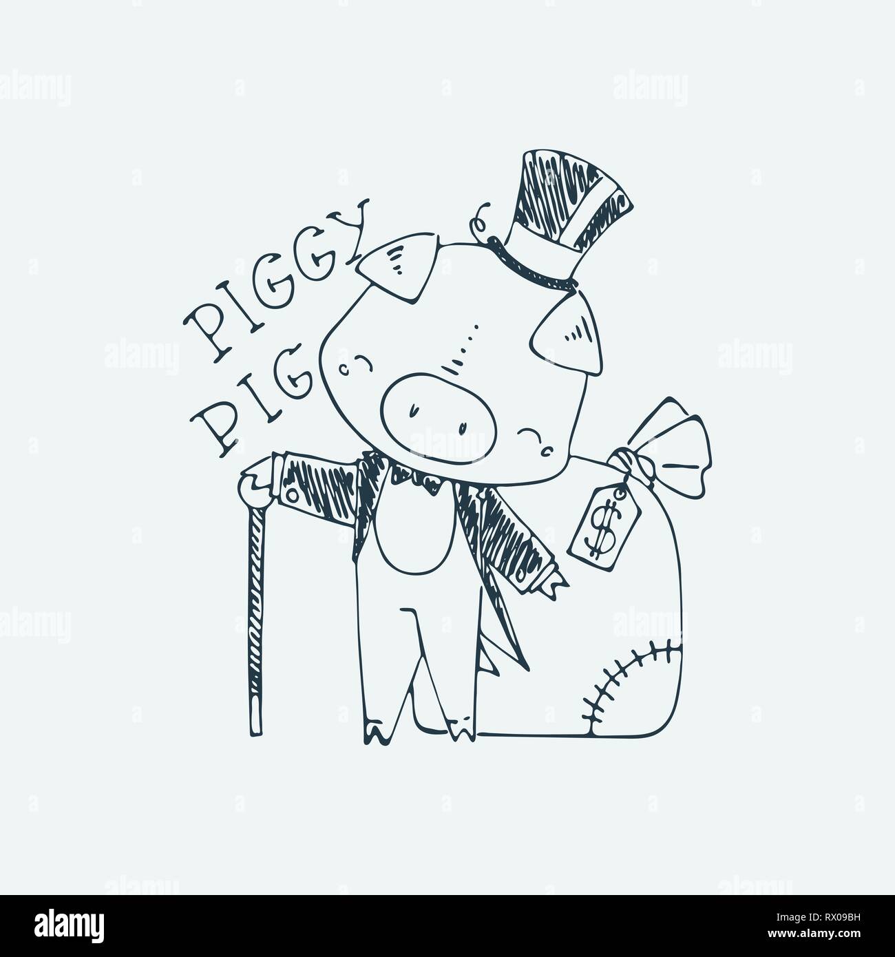 Piggy pig. Cute little animal with lettering. Cartoon hand drawn vector ...