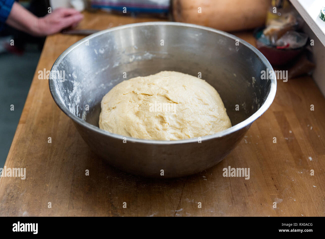 Handmade bread dough rising in a stainless steel bowl Stock Photo - Alamy