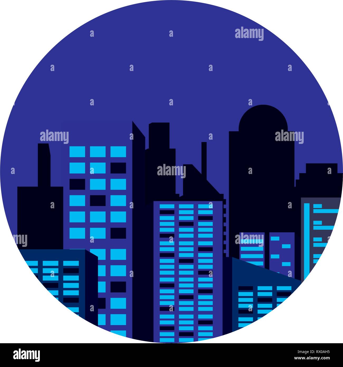 buildings cityscape night scene in frame circular vector illustration ...