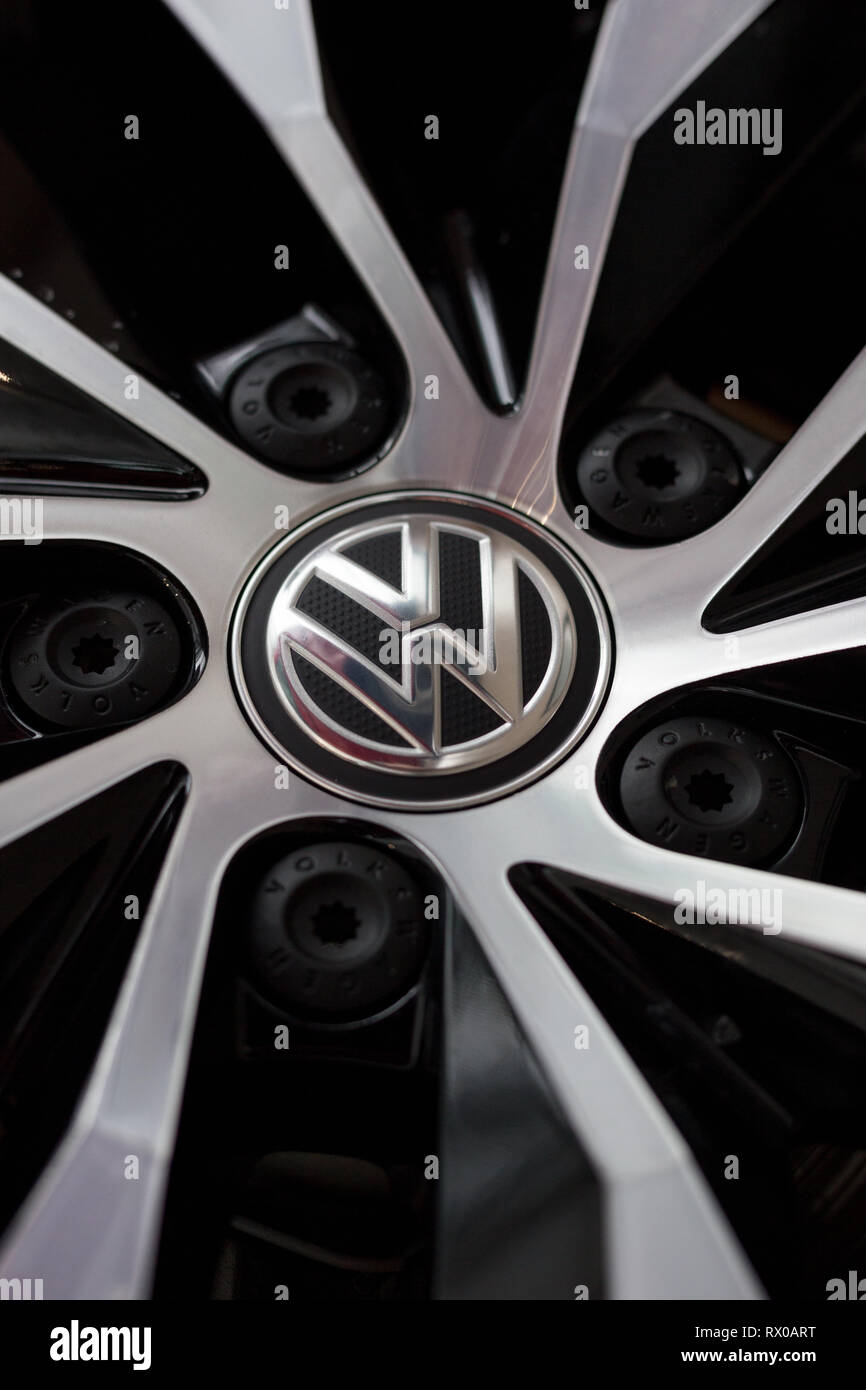 Russia, Izhevsk - February 15, 2019: Showroom Volkswagen. Part of alloy ...