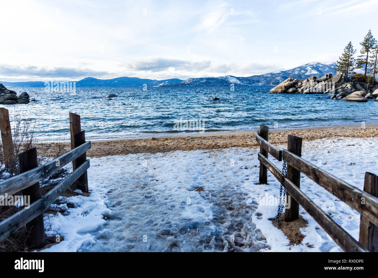 Fenced entrance to a swimming beach at Sand Harbor Lake Tahoe Nevada ...