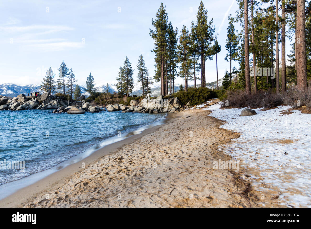 Snow on the beach at Sand Harbor Lake Tahoe Nevada Stock Photo - Alamy