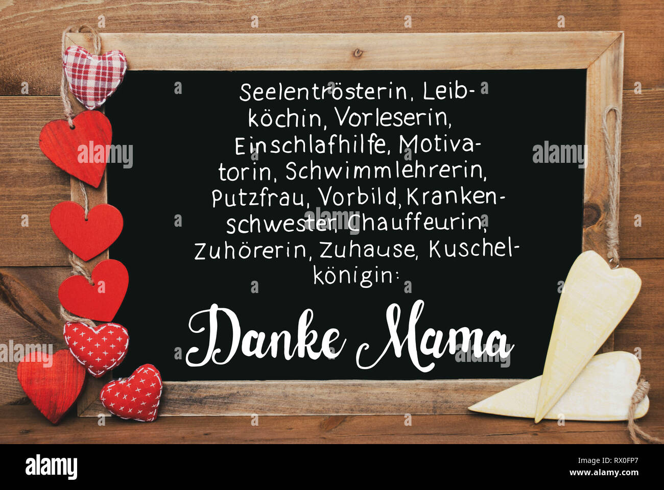 Chalkbord, Red And Yellow Hearts, Calligraphy Danke Mama Means Thank ...