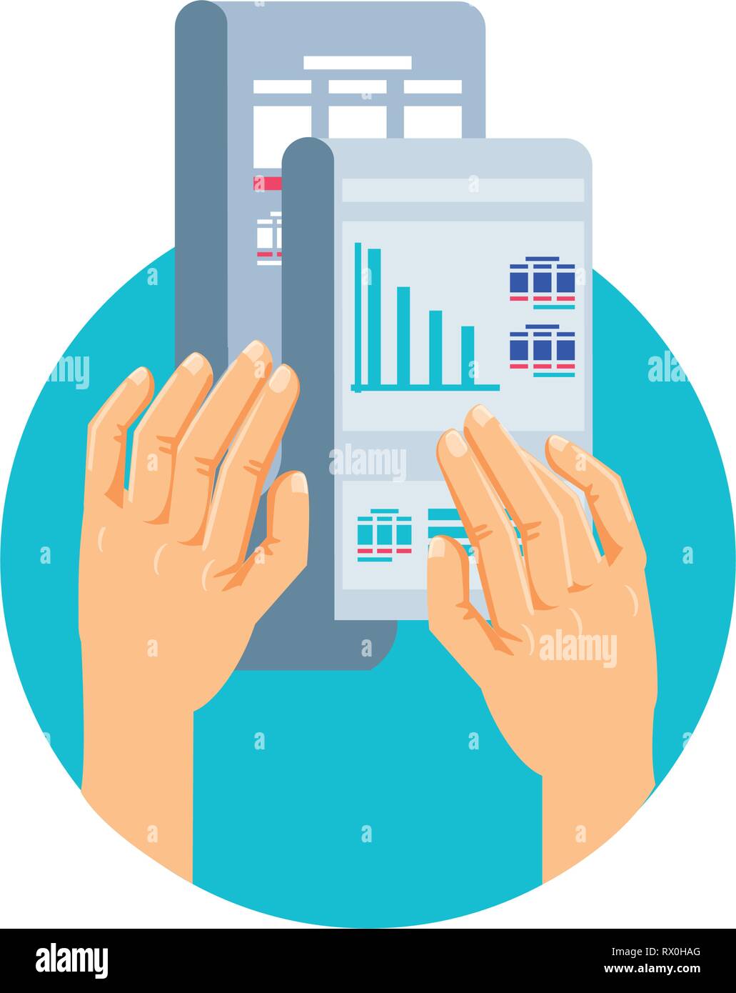 hands and paper document with statistic graphic vector illustration ...