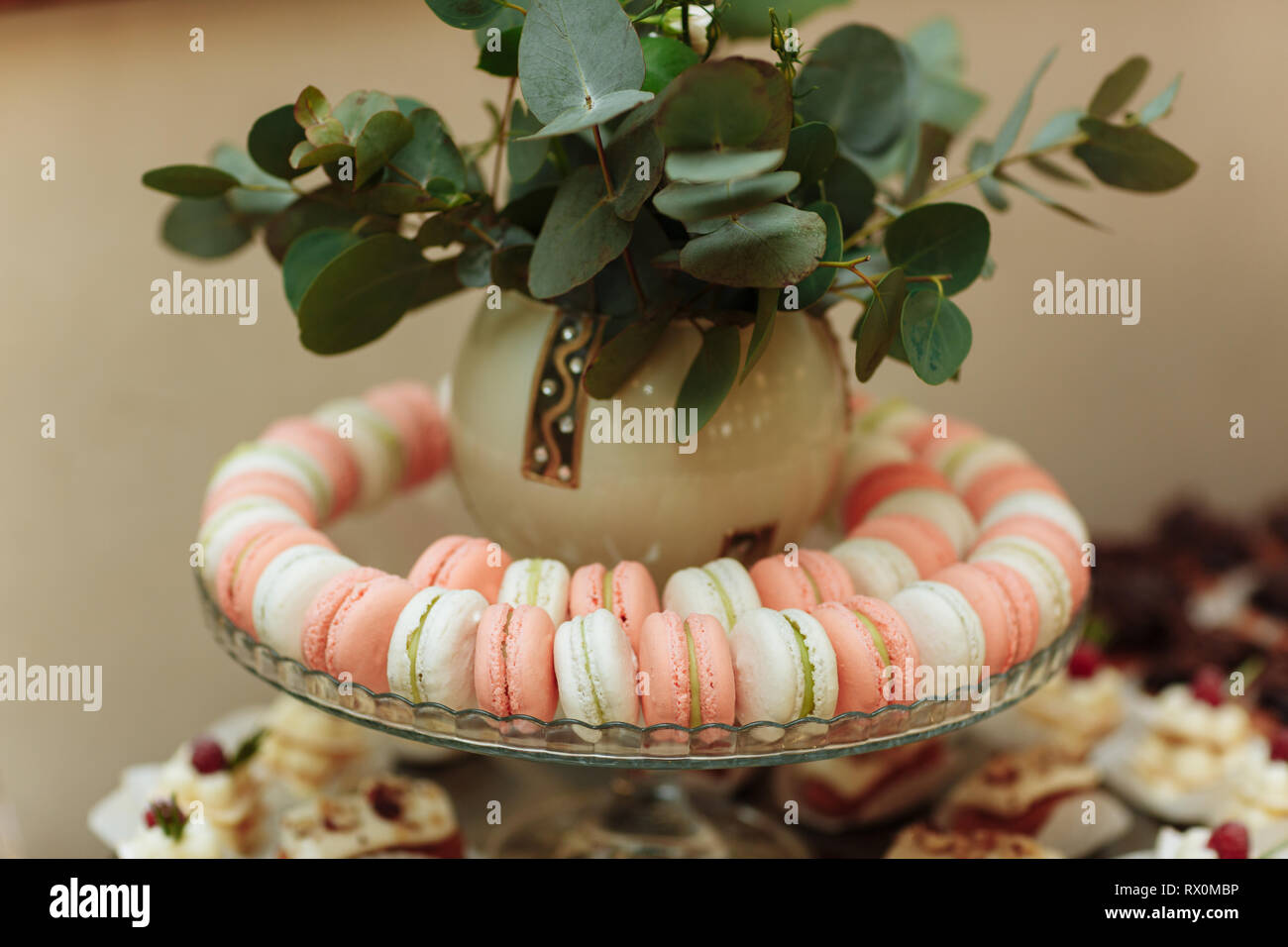 Colorful macarons stand in round transparent weight as part of candy ...