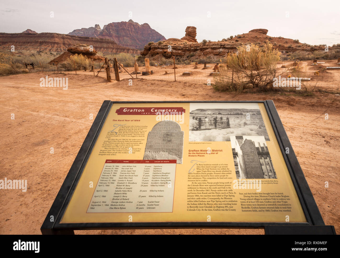 Interpretive sign at the Grafton Cemetery, Grafton ghost town, Utah USA ...