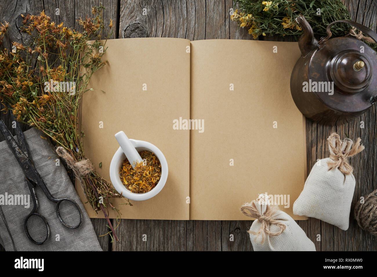 Open empty medical recipe book, Hypericum - St Johns wort bunch, mortar ...