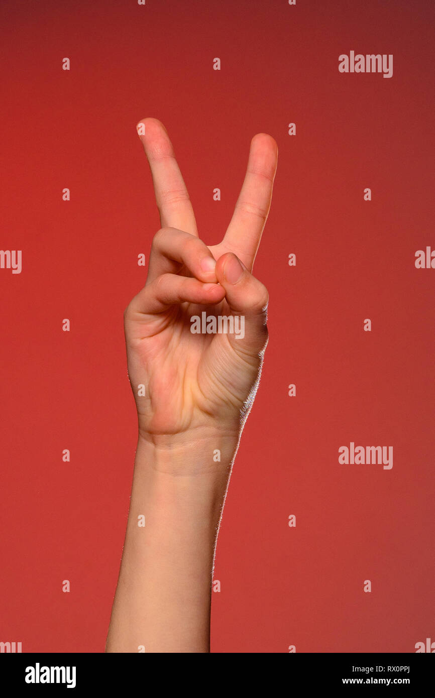 The soft hand showing the victory sign is isolated on a red background ...