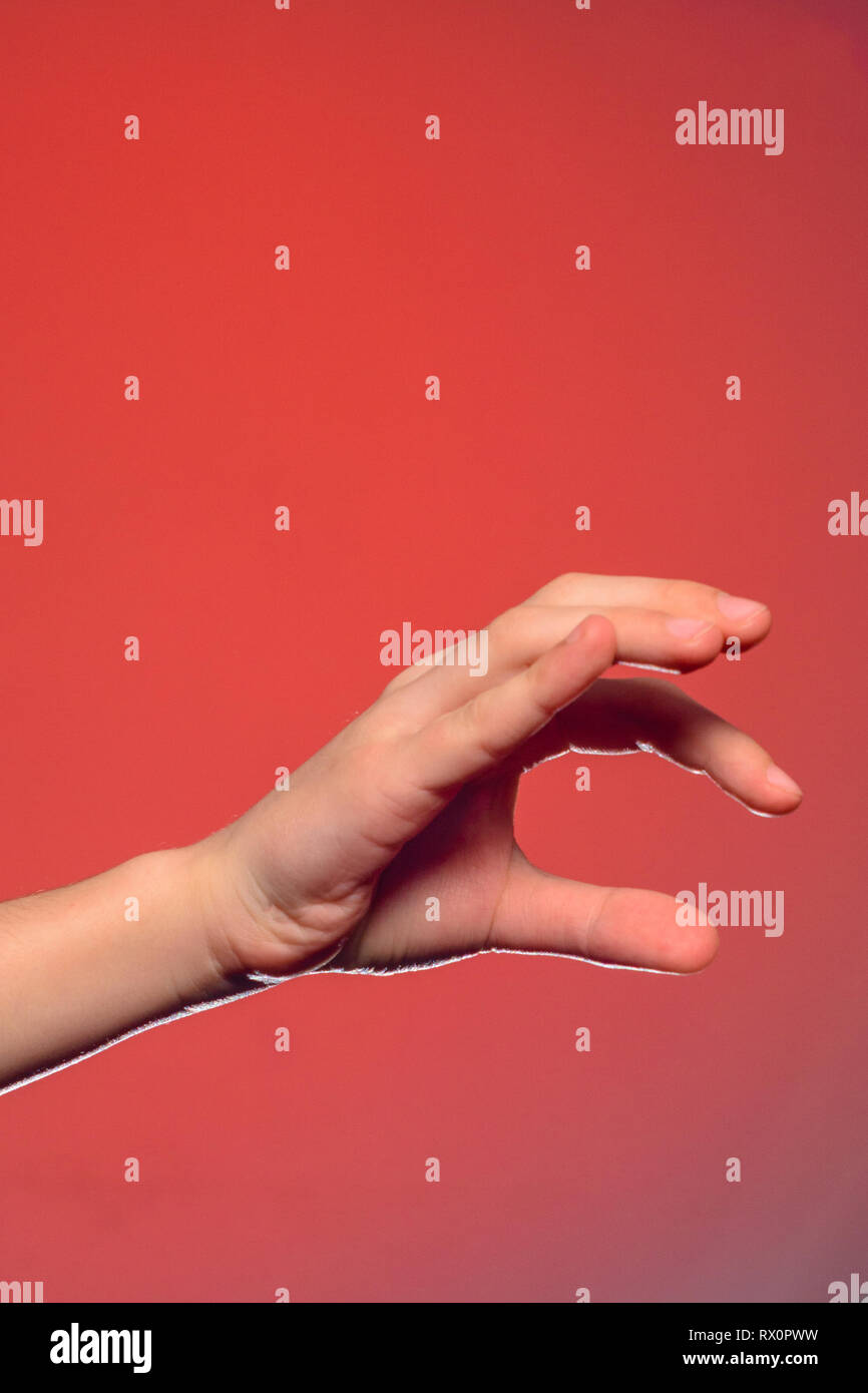 Human hand, folded together to take a little small, isolated on a red ...