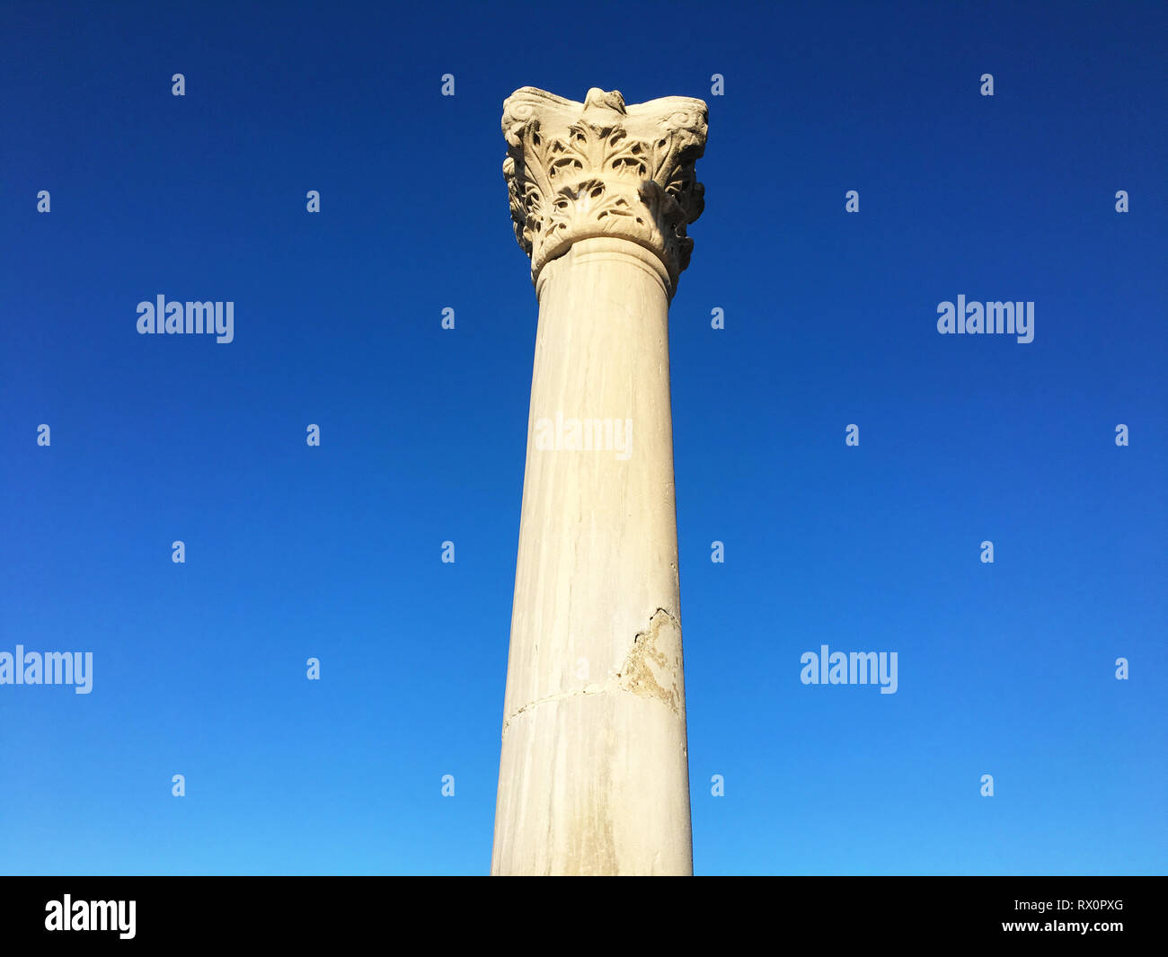 Ancient Roman time town in Crimea. Archeology antique columns on blue ...