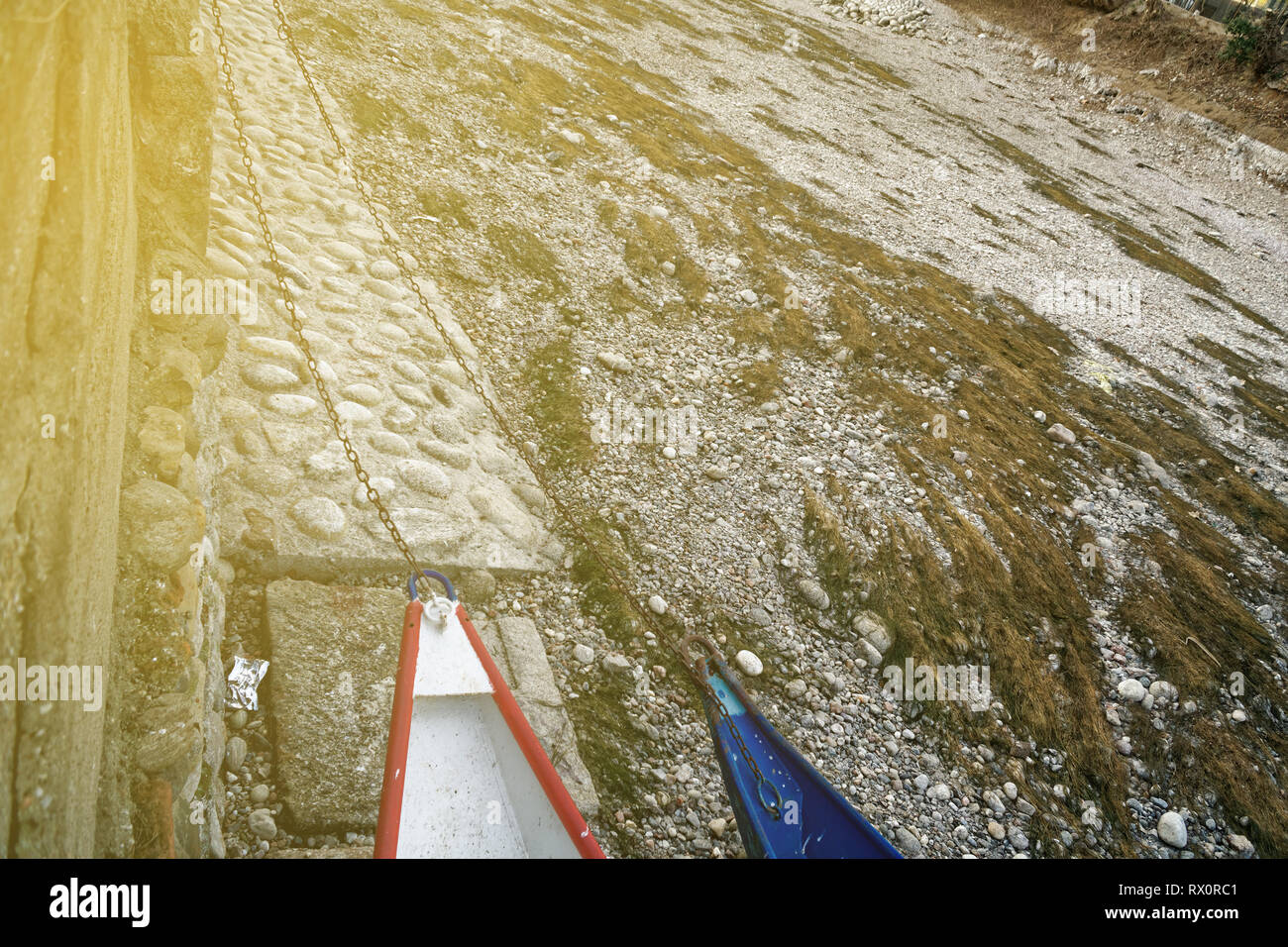 River drought, boat without water due global warming Stock Photo - Alamy