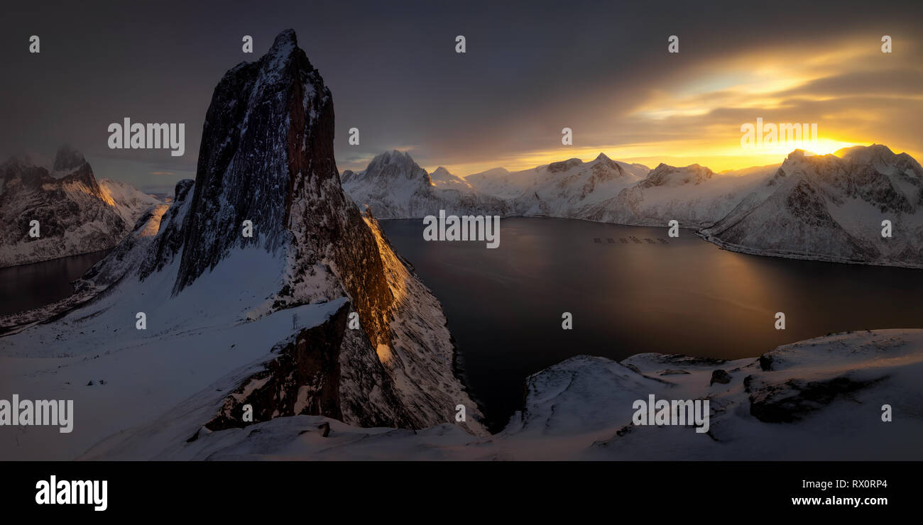 Panorama of Segla summit and Mefjorden in winter sunset, Senja, Norway ...