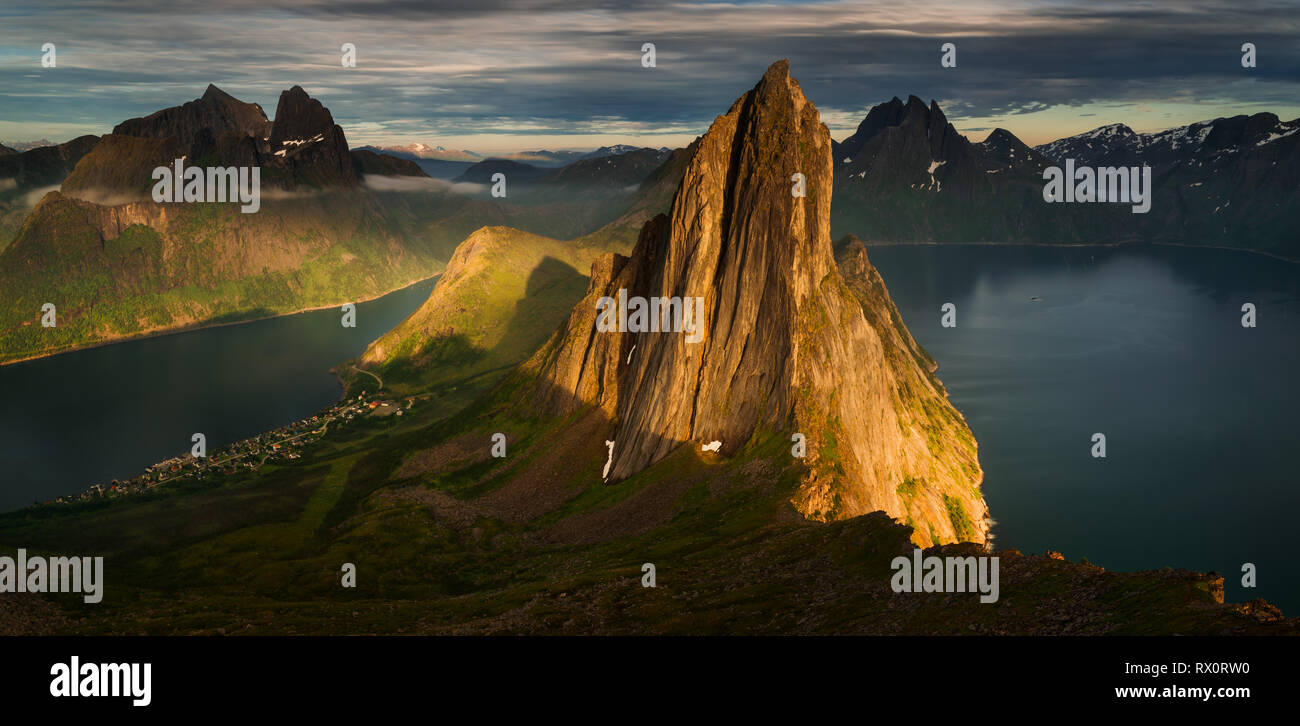 Panorama of Segla summit and Fjordgard village in sunset, Senja, Norway ...