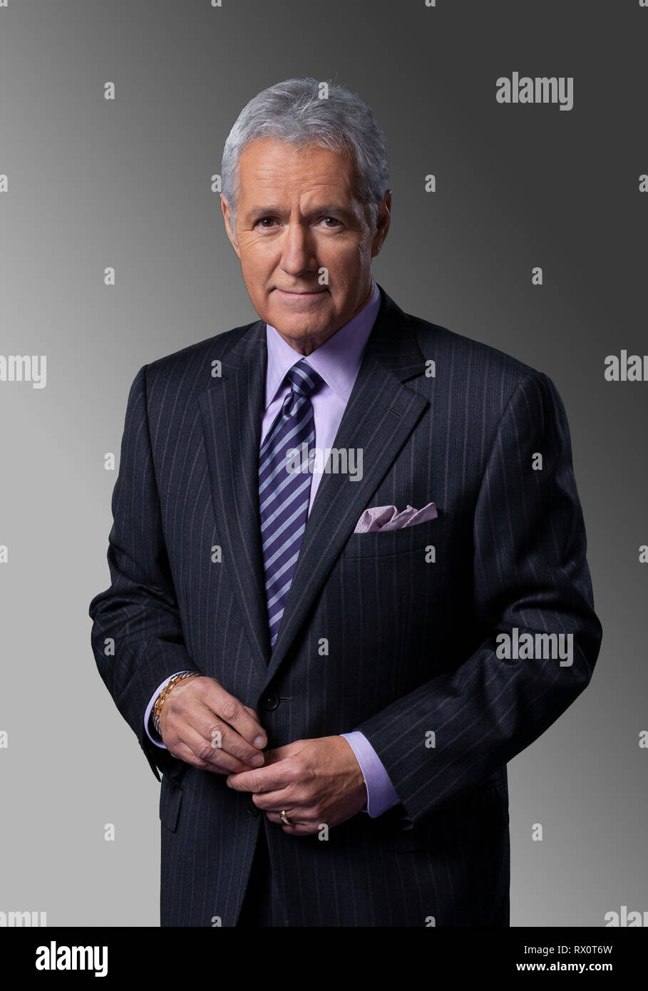 Alex Trebek host of jeopardy portrait, headshot with smiling somber ...