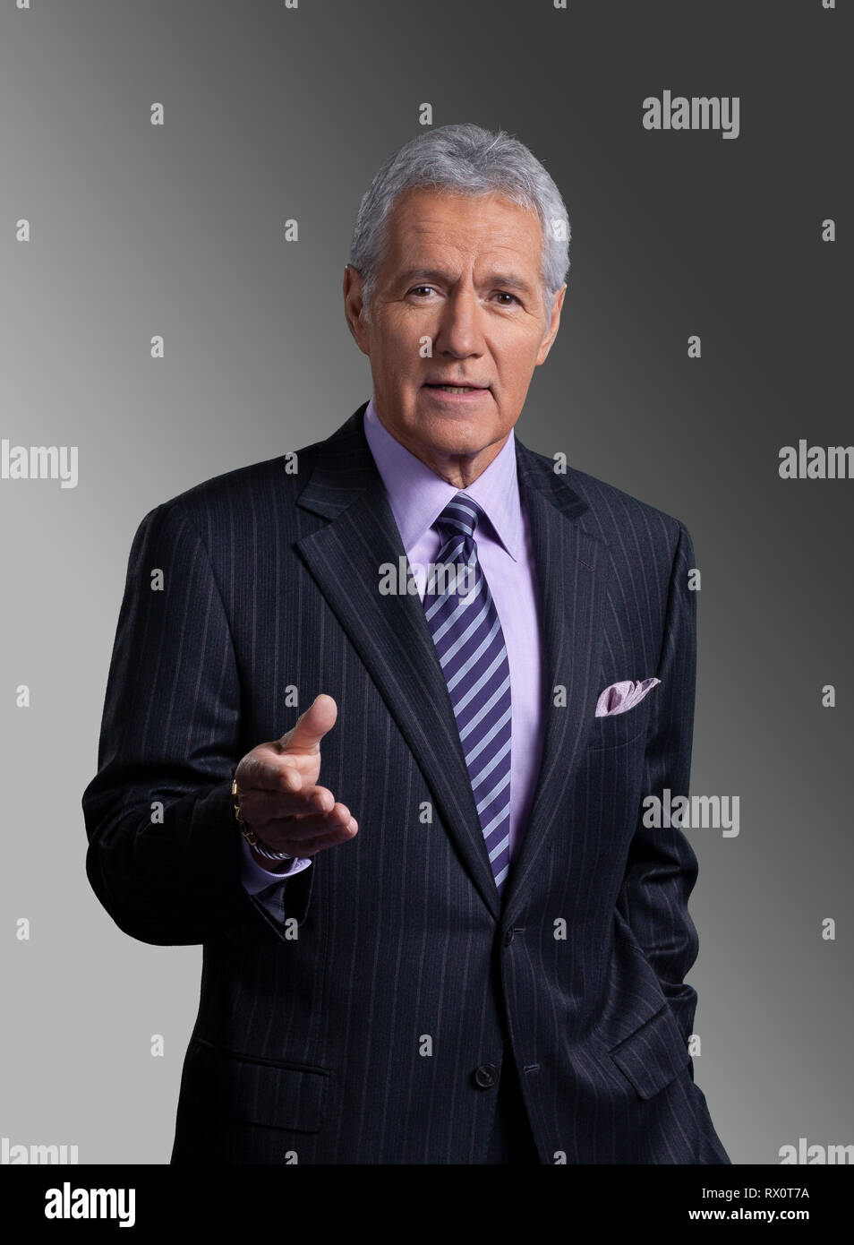 Alex Trebek host of jeopardy portrait, headshot with talking pose, on ...