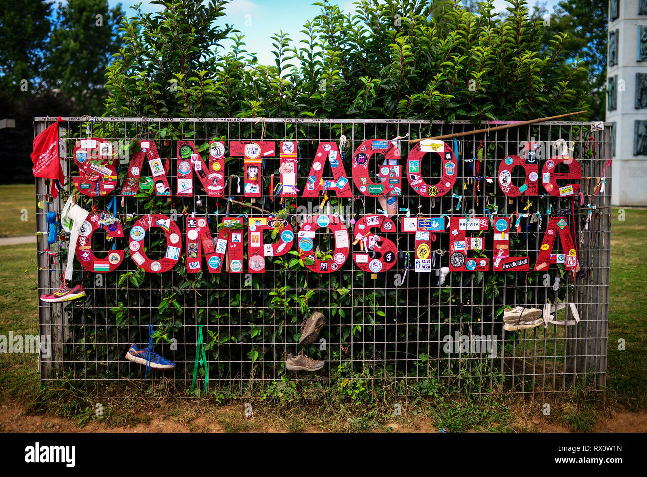 Sign with stickers at the entrance of Santiago de Compostela, Galicia ...