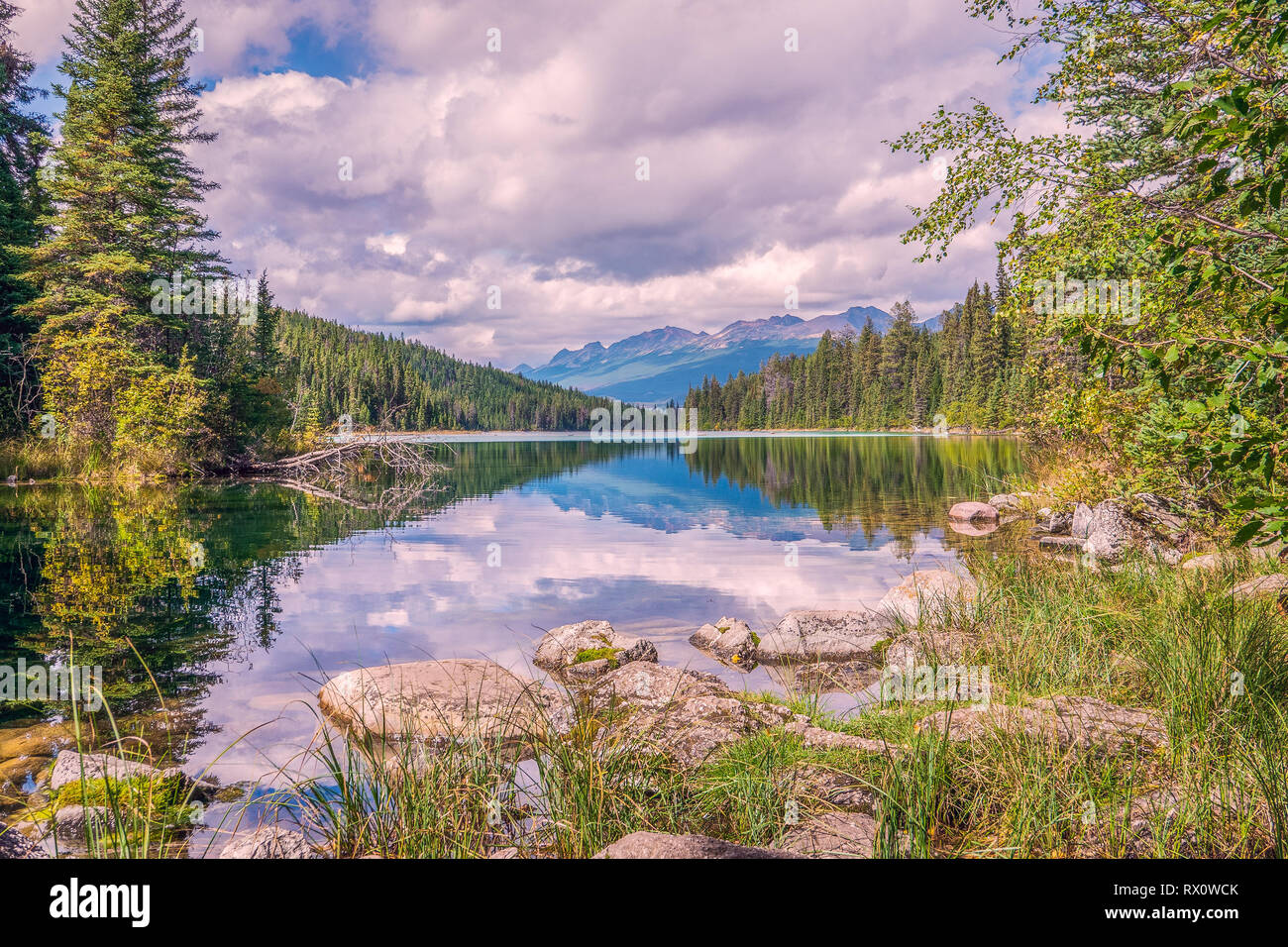 The first lake in the Valley of the Five lakes in Jasper National Park ...