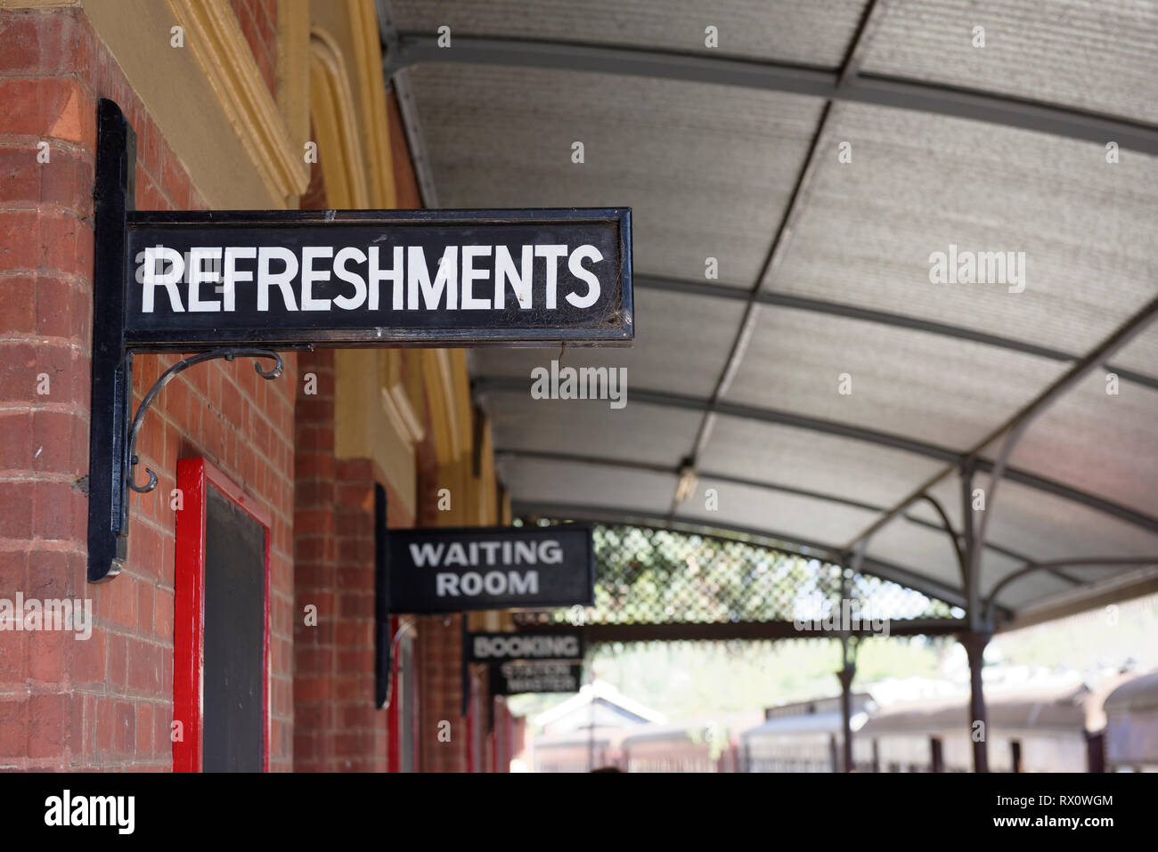 Refreshments sign on the platform of the Historic Maldon Railway ...