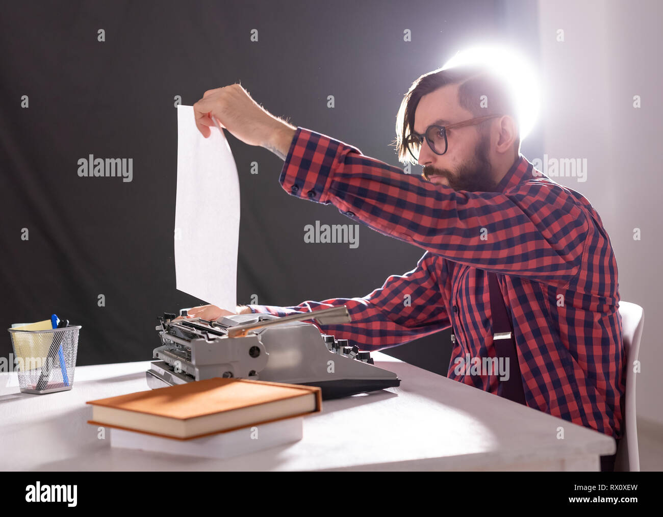 People and technology concept - World day of the writer, handsome man ...