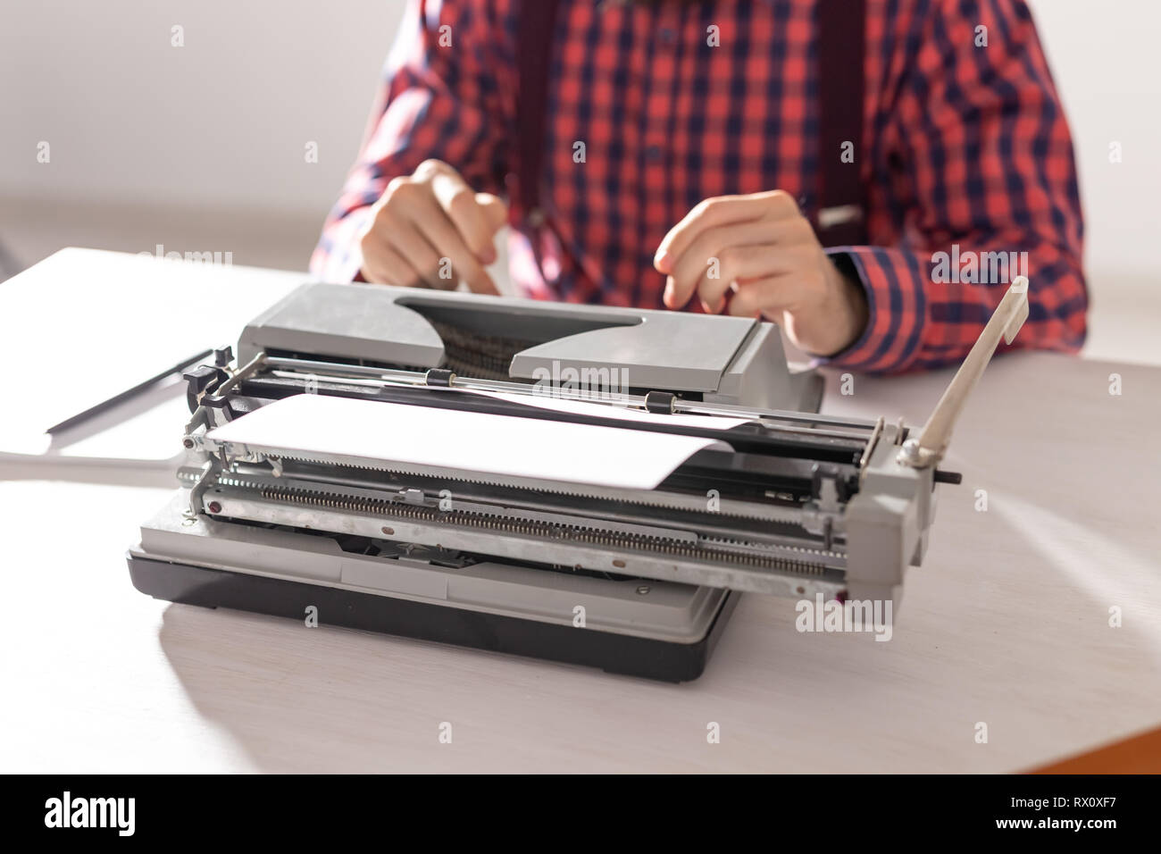 People and technology concept - Portrait of writer working on ...