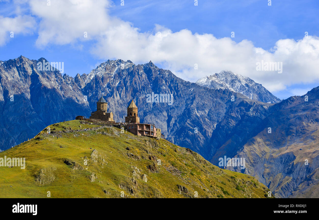 View of Gergeti Trinity Church (Tsminda Sameba) in Kazbegi, Georgia ...