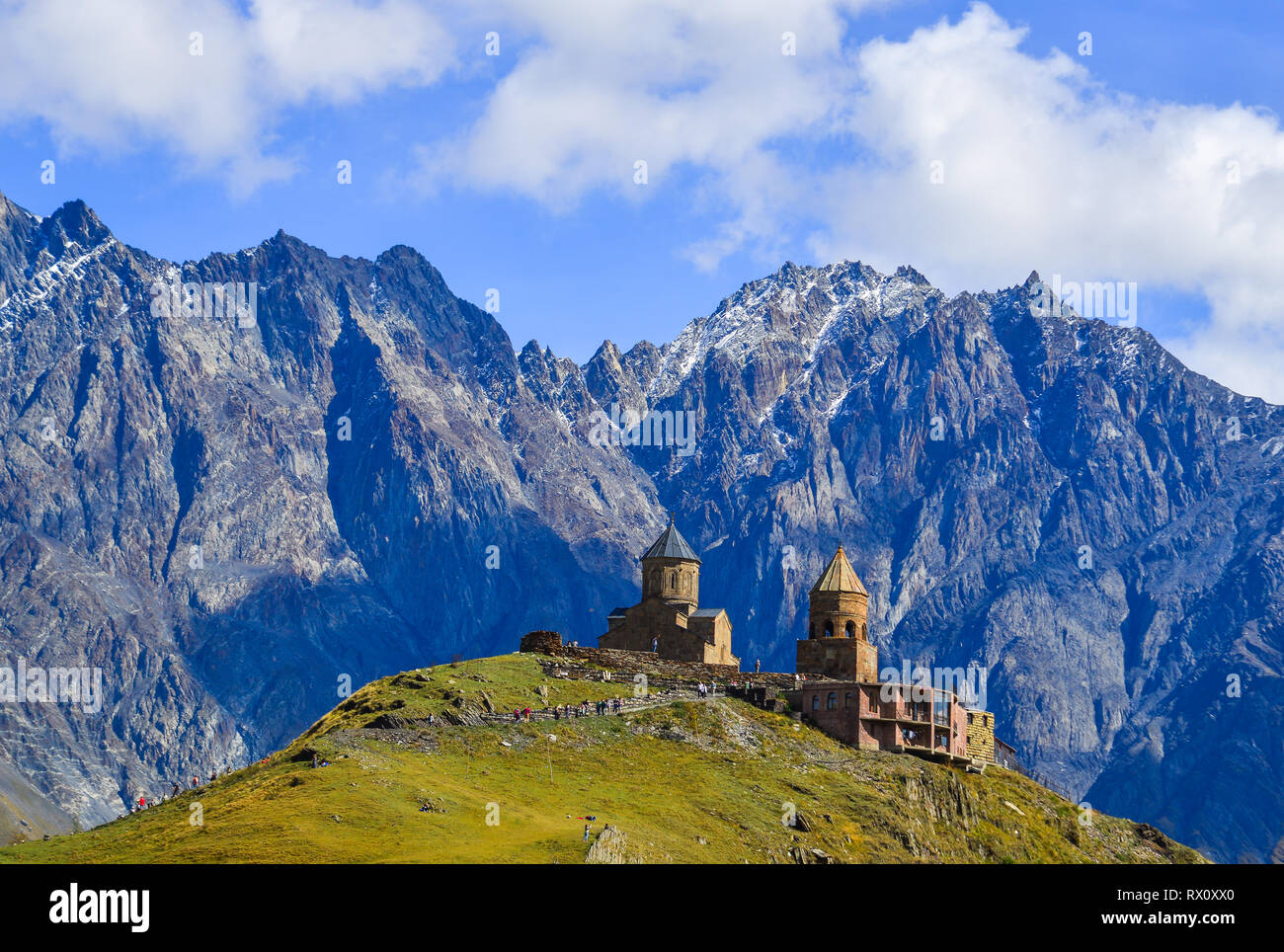 View of Gergeti Trinity Church (Tsminda Sameba) in Kazbegi, Georgia ...