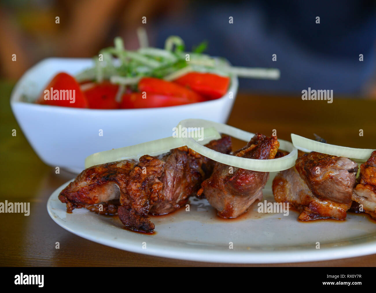 Amazing grilled pork for lunch at traditional Georgian restaurant Stock ...