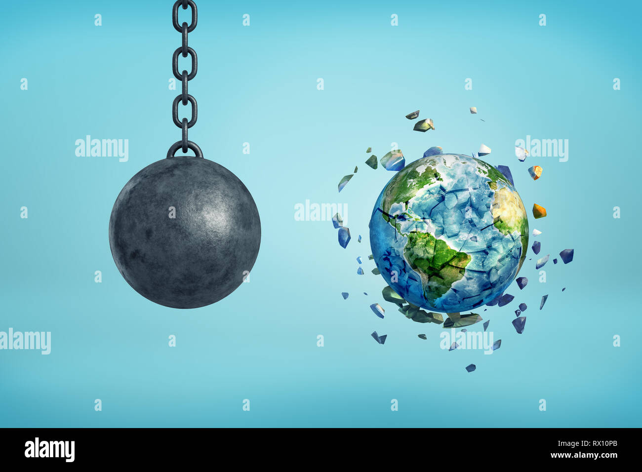 3d rendering of metal chained ball and earth sphere shattered Stock ...