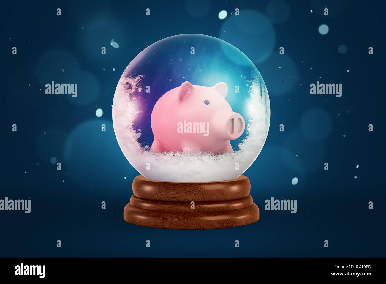 3d rendering of a cute pink piggy bank inside a glass ball with snowy ...