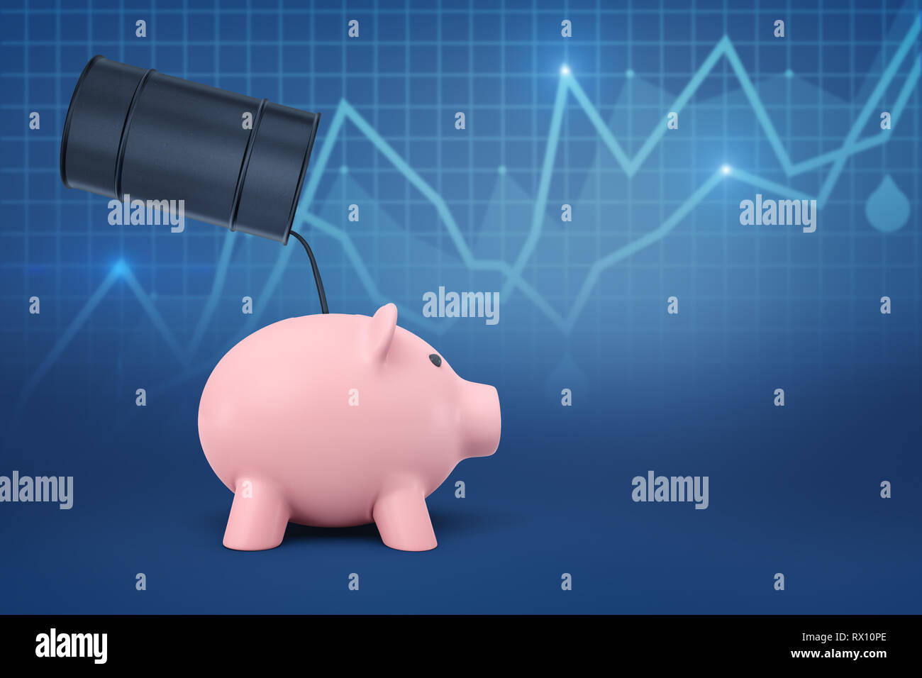 3d rendering of an oil barrel suspended in air with a thin jet of oil ...