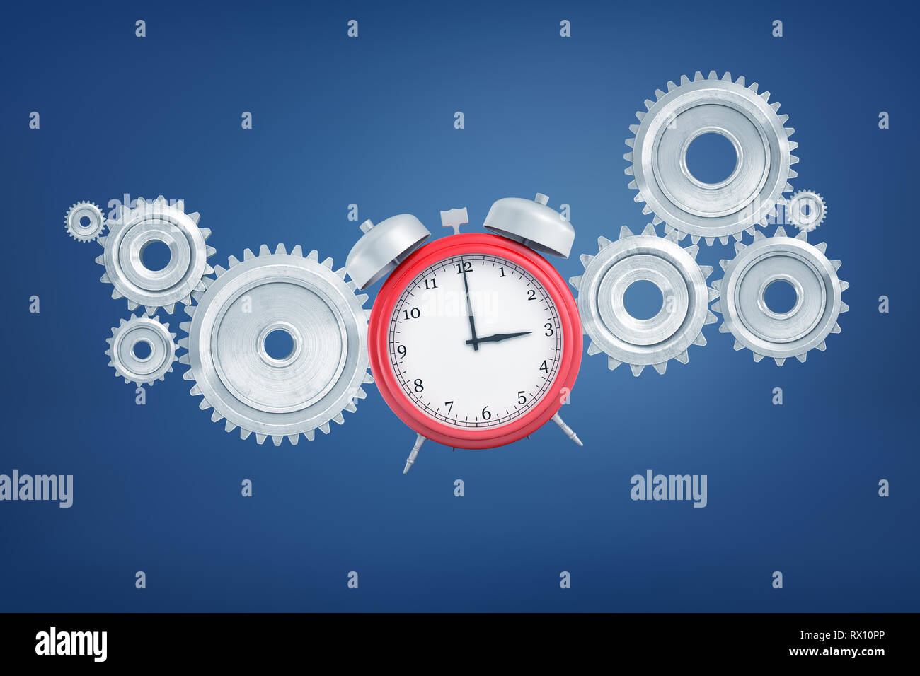 3d rendering of a red alarm clock surrounded by light-grey cogwheels ...