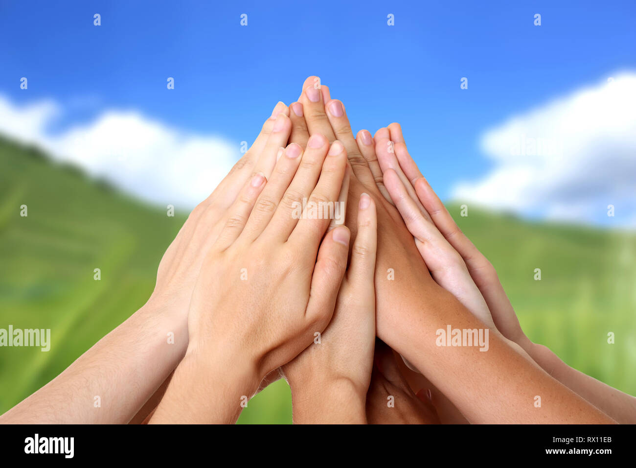 Hand success teamwork nature Stock Photo - Alamy