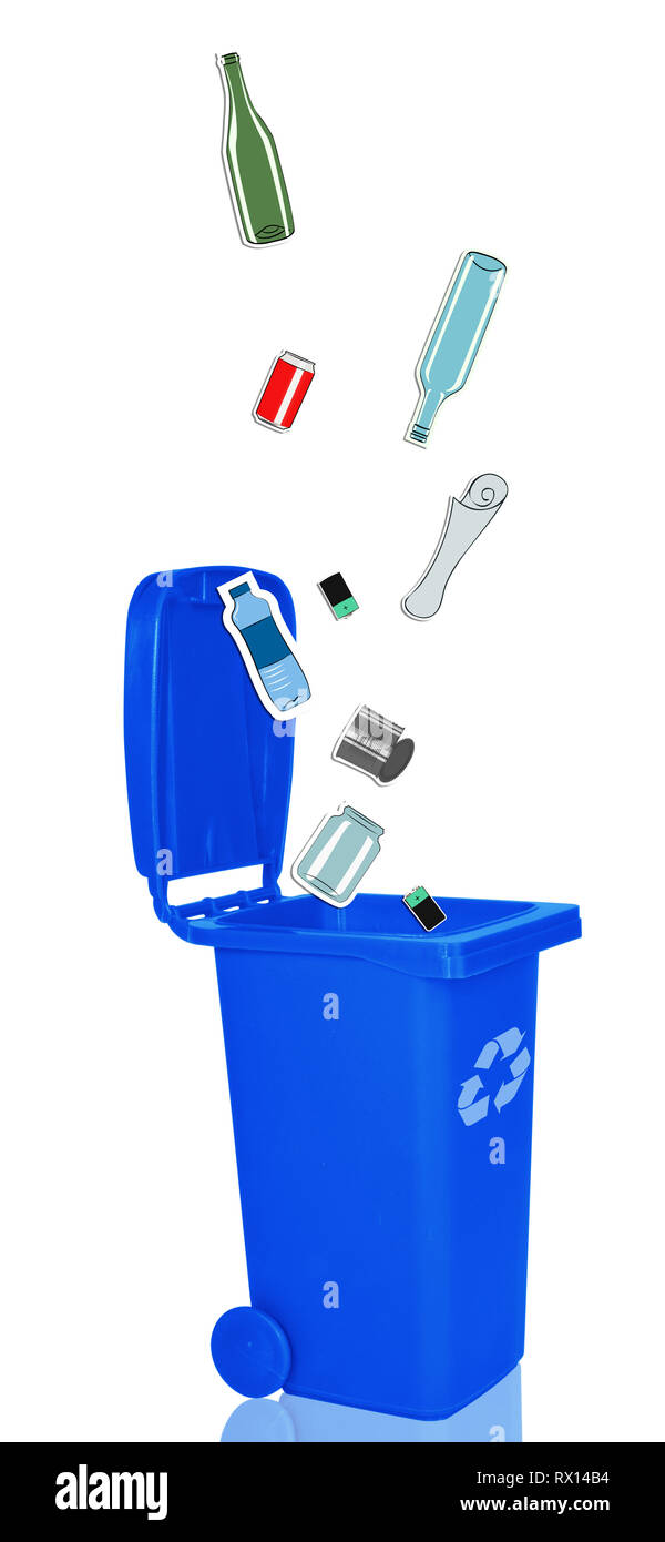 Closeup of blue recycle bin with open lid and recyclable materials ...