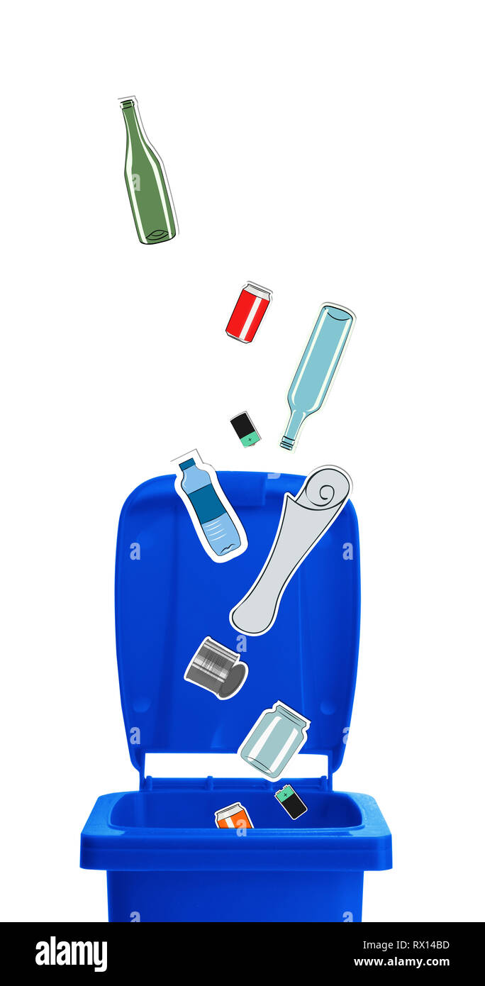 Closeup of blue recycle bin with open lid and recyclable materials ...