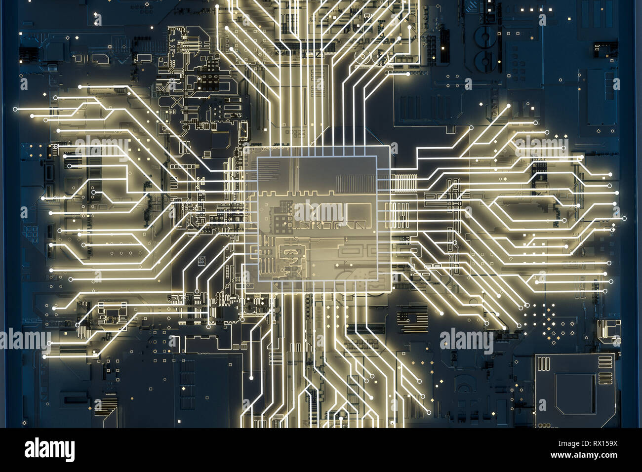 golden glowing circuit components, 3d rendering Stock Photo - Alamy