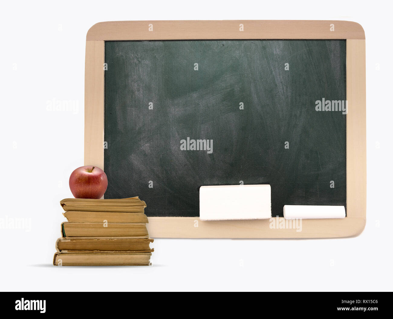 Empty blackboard with wooden frame, old books and apple Stock Photo - Alamy