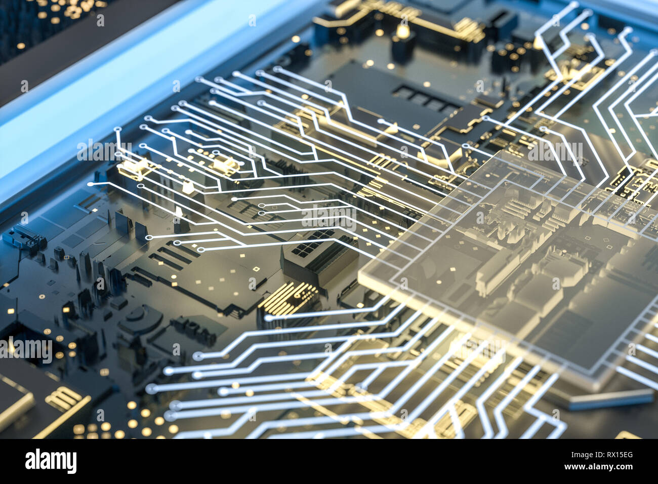 golden glowing circuit components, 3d rendering Stock Photo - Alamy