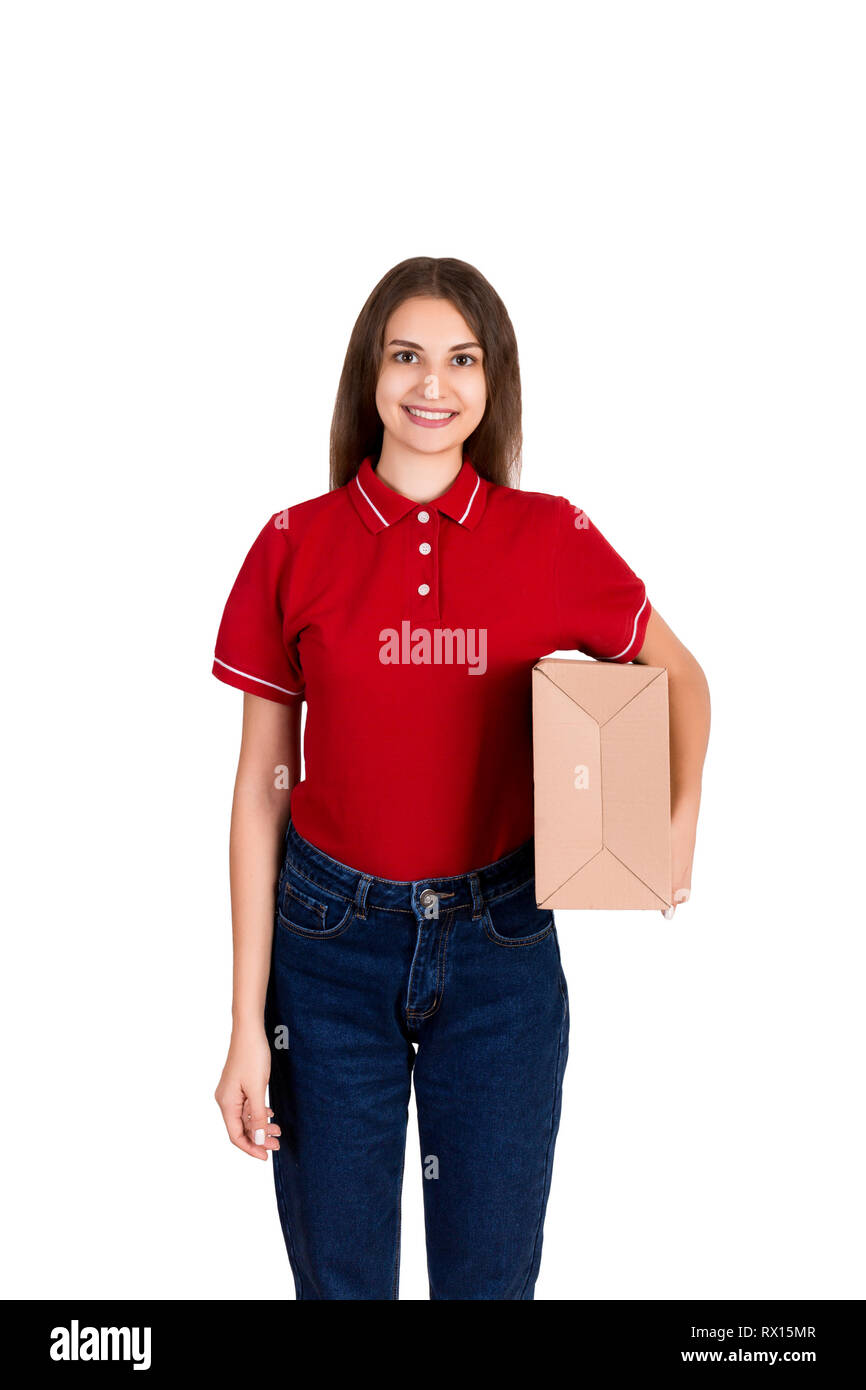 Young happy female delivery with a package in her hands isolated on ...