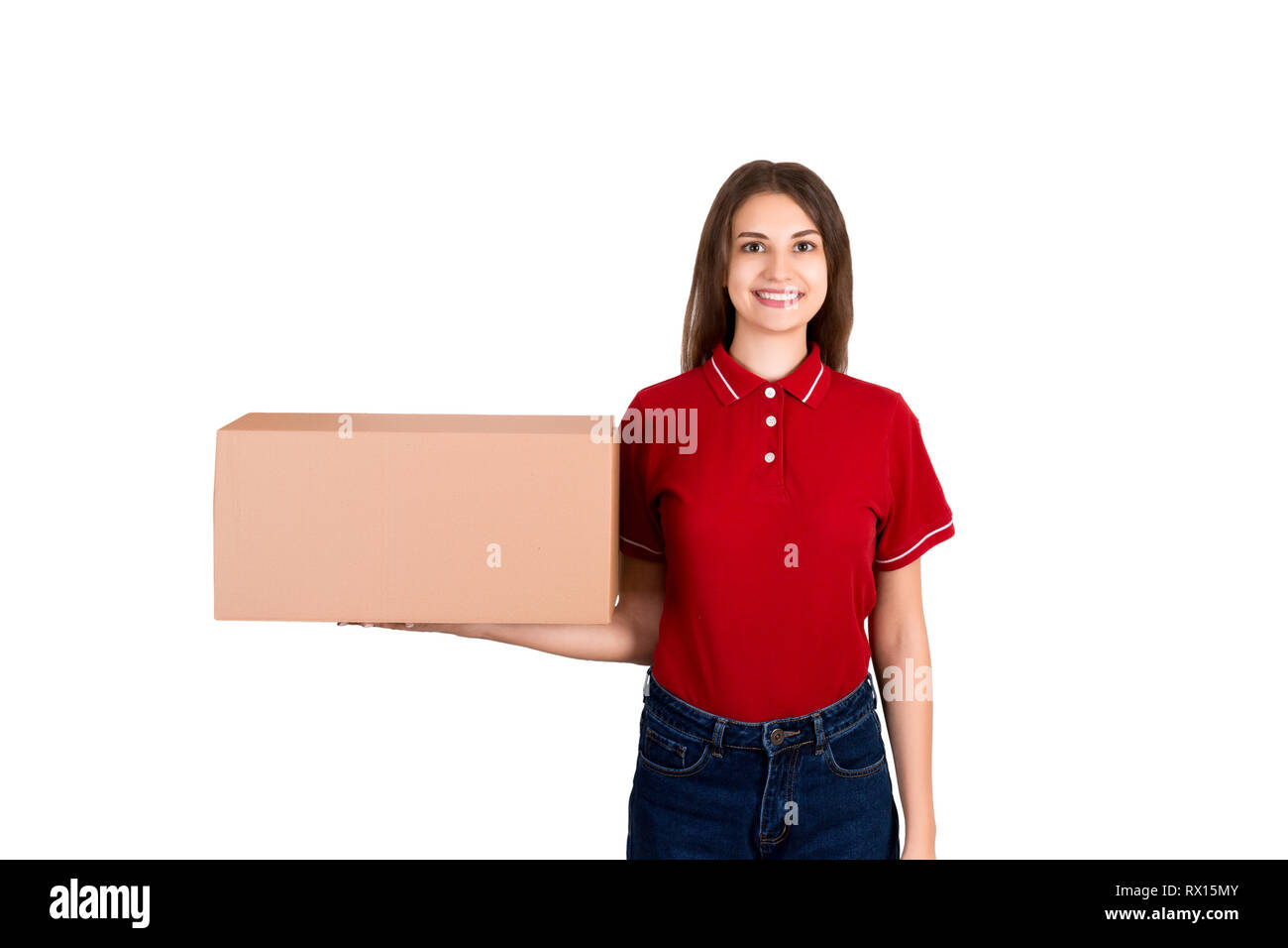 Young happy female delivery with a package in her hands isolated on ...