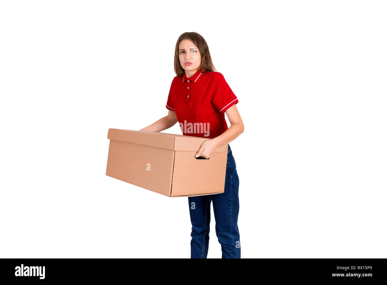 Female delivery person is tired of carrying a heavy parcel isolated on ...