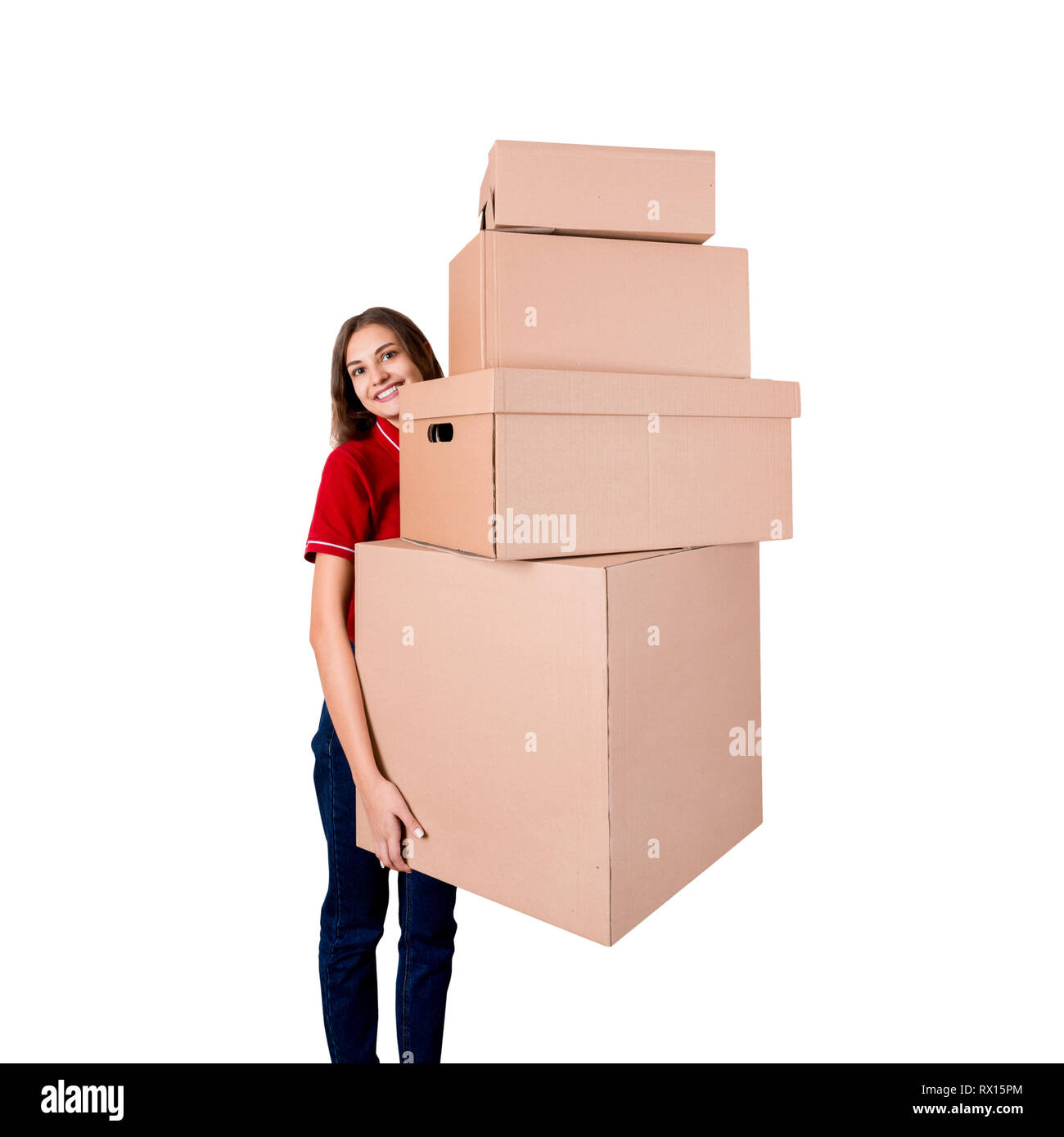 Smiling businesswoman is holding a lot of big cardboard boxes isolated ...