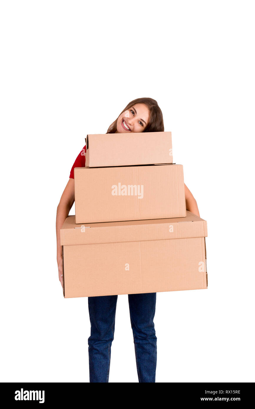 Portrait of a happy smiling delivery woman with heap of big boxes ...