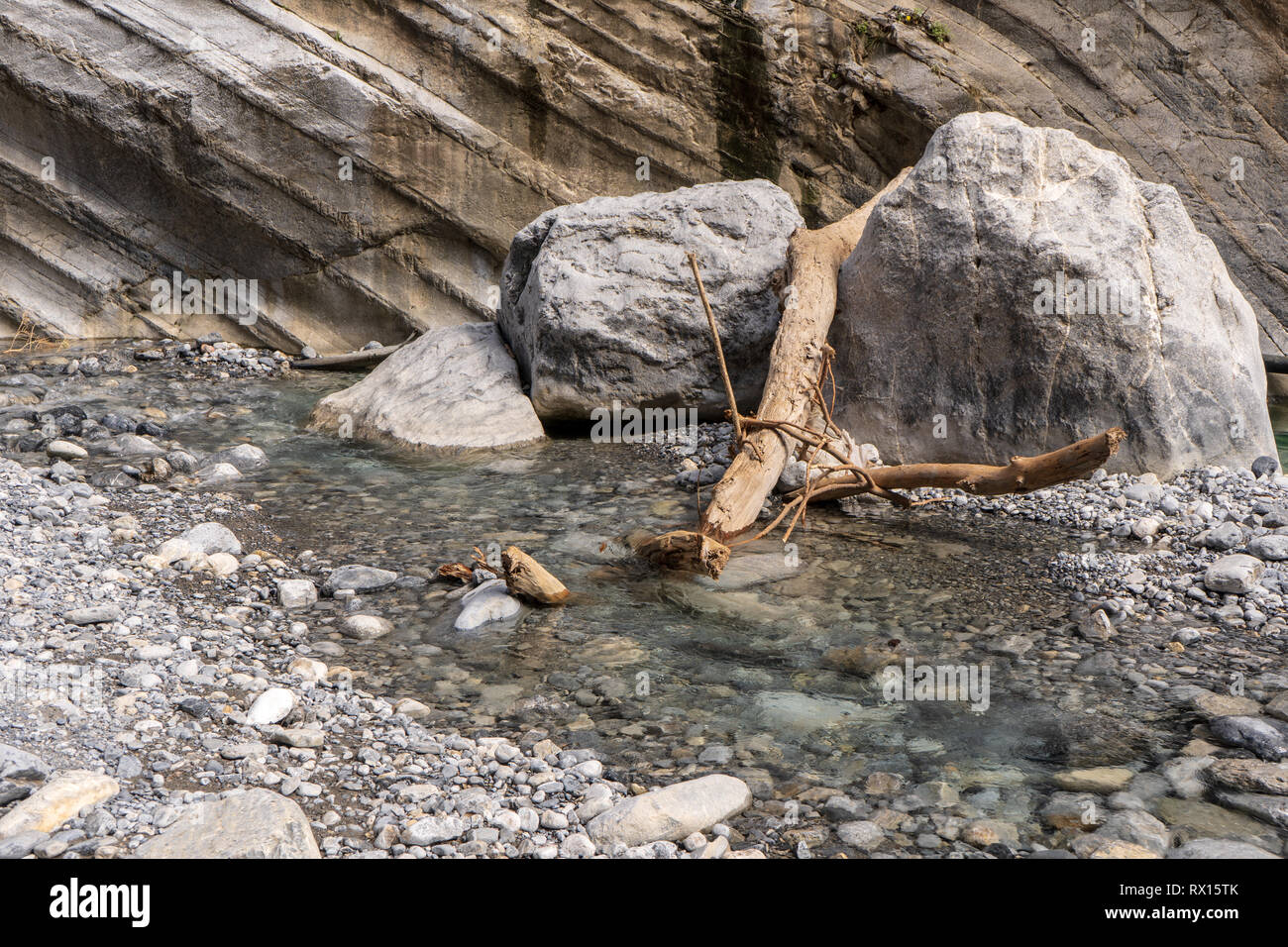 Driftwood between rocks in front of a steep stone wall in the river by ...