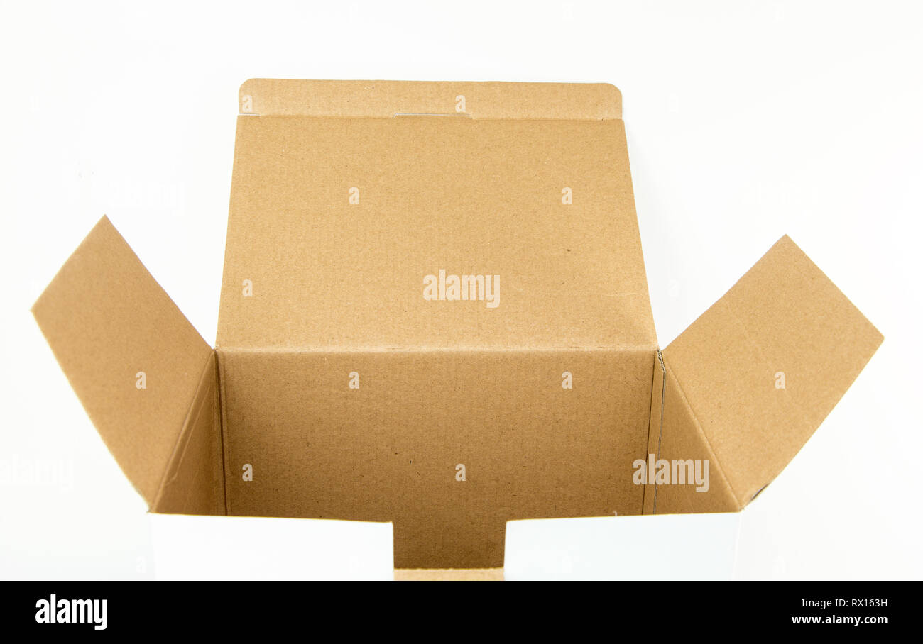 White opened cardboard box isolated on white background Stock Photo - Alamy