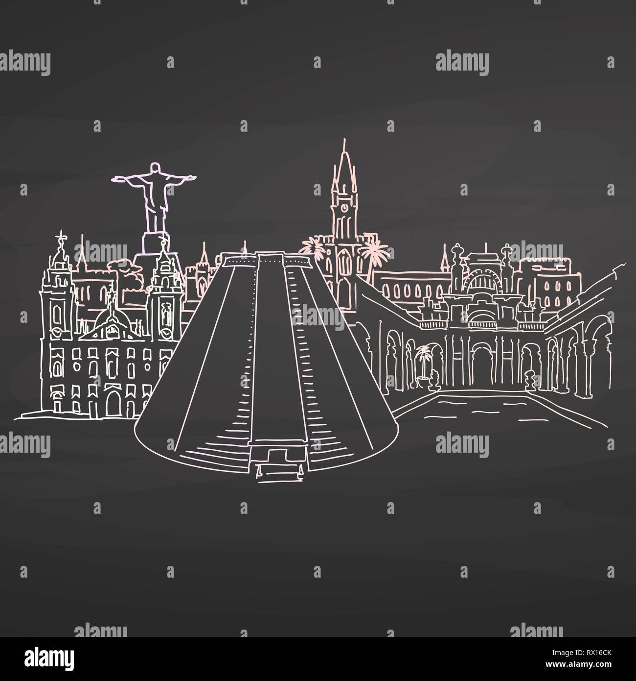 Bright landmarks of of Rio de Janeiro on blackboard. Hand-drawn high ...