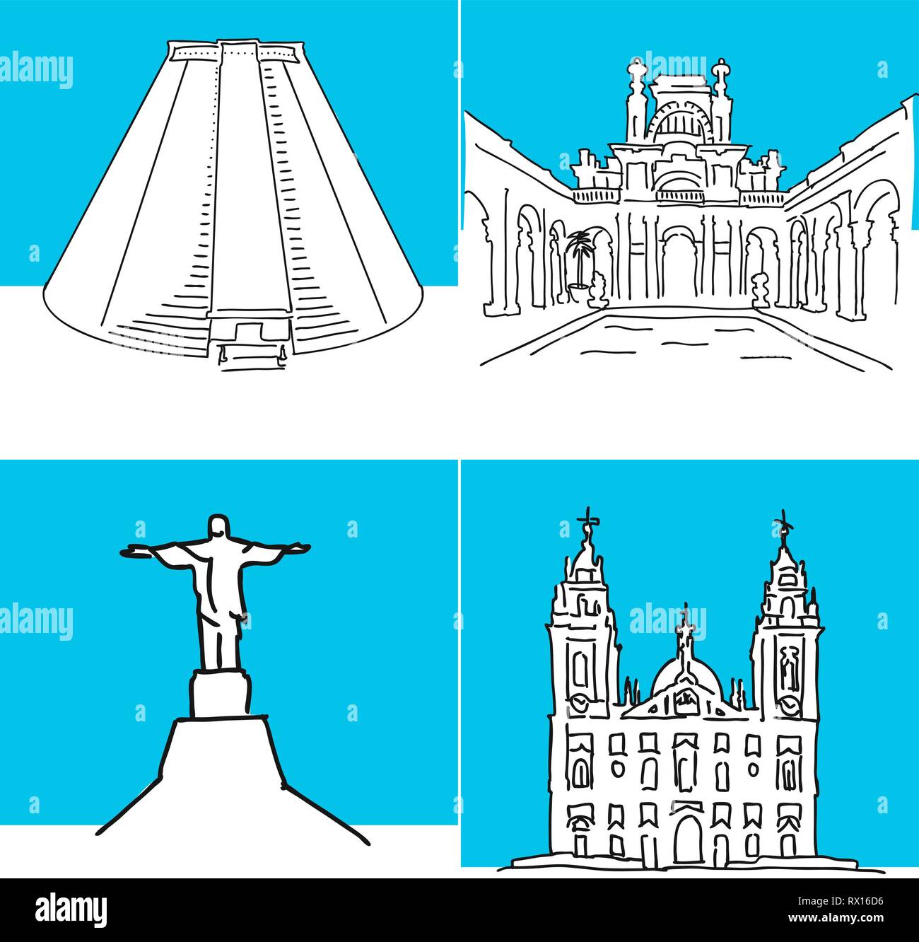 Rio de Janeiro set of buildings. Hand-drawn high quality vector outline ...